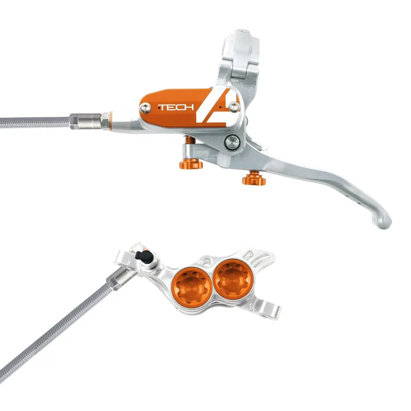 Hope Tech 4 E4 Disc Brakes - Left Hand - Silver and Orange